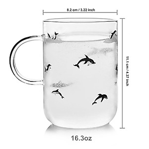ELITEA Glass Mug with Handle Clear Cute Coffee Mugs Tea Cup with Dolphin Print 16.3oz