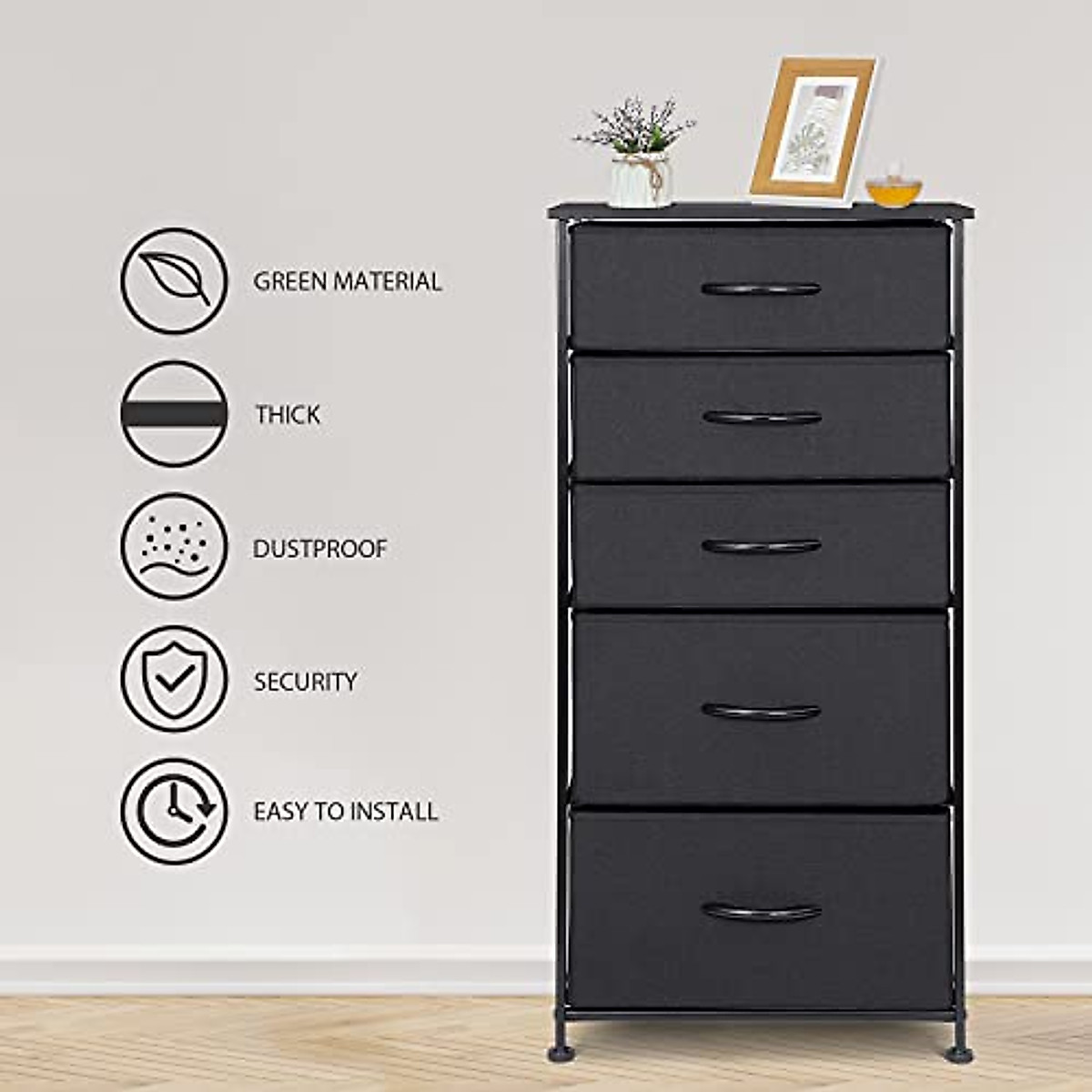 ZenStyle Fabric Dresser with 5 Drawers, Vertical Dresser Storage Tower, Storage Cabinet Organizer Unit for Bedroom, Living Room, Closet, Entryway, Hallway, Nursery Room, Black