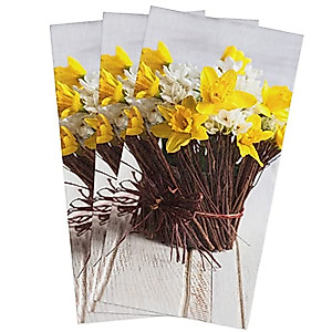 3 Kitchen Towels Absorbent Dish Towels Set, Yellow Daffodil Beautiful Bouquet Branch Vintage Wooden Table Dishcloths Quick Dry Towels Hand Towels Soft Bar&Tea Towels for House Cleaning&Decor