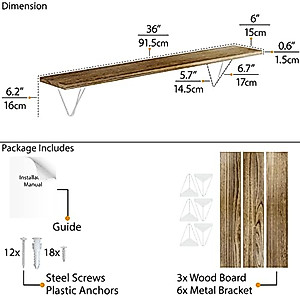Wallniture Colmar 36"x6" Wood Floating Bookshelves for Wall Storage, Long Wall Shelves for Living Room, Bathroom, Kitchen Pantry, Bedroom, Burned Finish Wall Shelf Set of 3