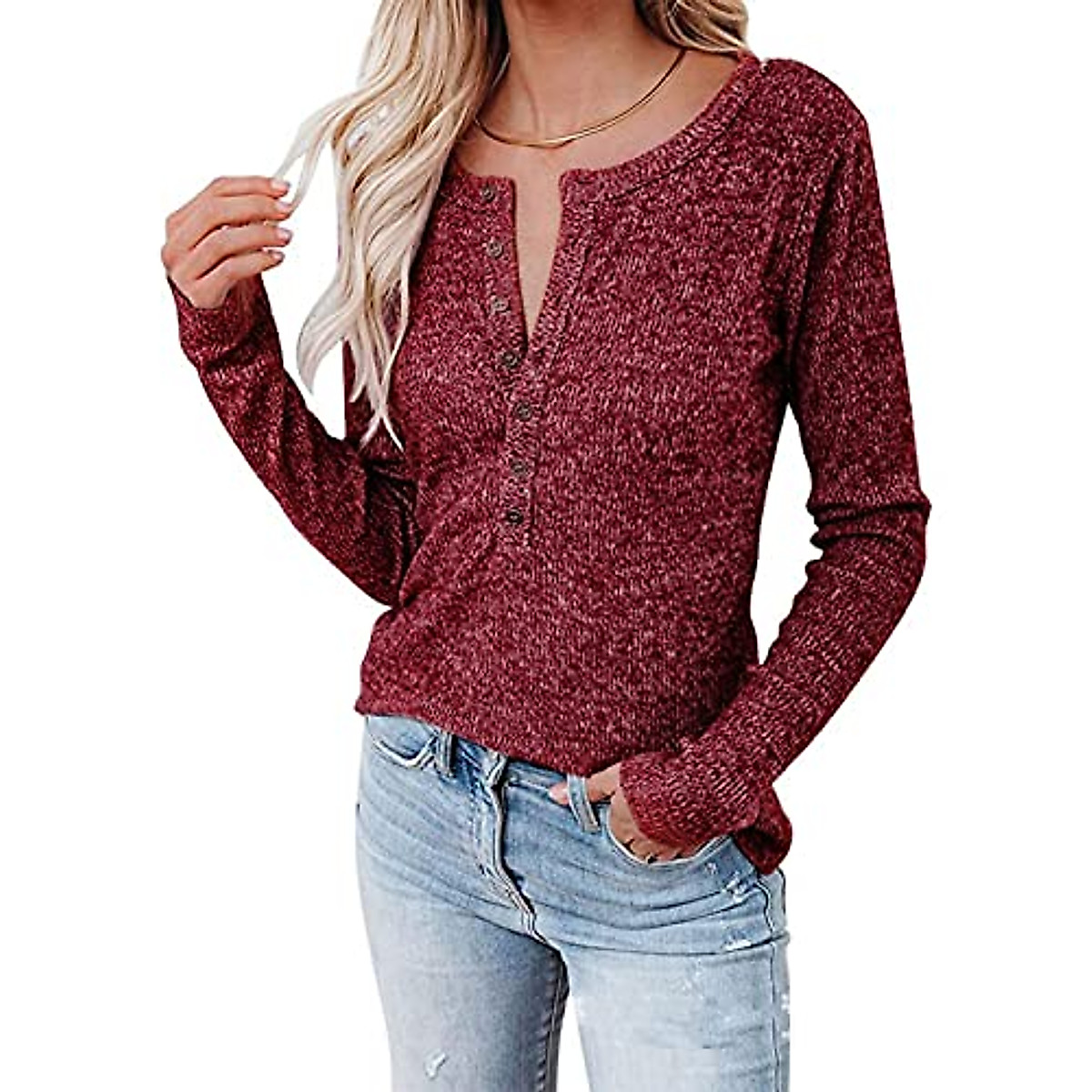 Women's Long Sleeve Henley Tops Pullover V Neck Button Loose Casual T Shirts (Small, Red Wine)