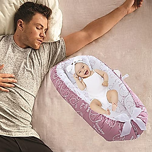 Vohunt Baby Lounger for Newborn,100% Cotton Co-Sleeper for Baby in Bed with Handles,Soft Newborn Lounger Adjustable Size & Strong Zipper Lengthen Space to 3 Tears Old(Elephant Pink)