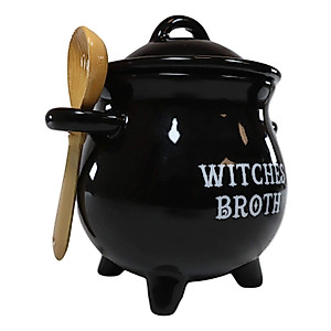 Ebros Ceramic Wicca Hocus Pocus Witch Black Cauldron Magical Witches Broth Dipping Or Condiment Bowl Or As Large Mug 18oz With Broom Spoon Serveware Set Halloween Party Hosting Accent