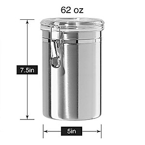 Oggi Stainless Steel Kitchen Canister 62 fl oz - Airtight Clamp Lid, Clear See-Thru Top - Ideal for Kitchen Storage, Food Storage, Pantry Storage. Large Size 5" x 7.5".