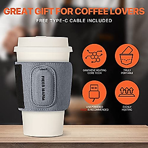Coffee and Drinks Heated Sleeve Reusable Coffee Warmer with Portable USB Fast Charging Heats Cups, a Drink Holder with an Adjustable Sleeve, Type C USB Cable Included (Grey)