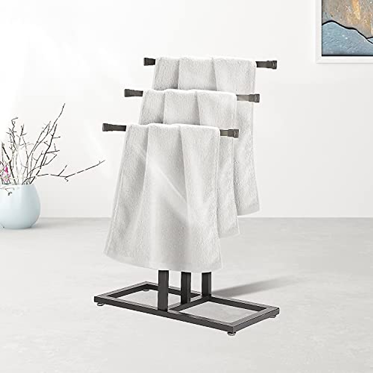 MYOYAY Freestanding Towel Racks Holder for Bathroom 3-Tier Metal Towel Bar Stand Organizer for Bath & Hand Towels for Bathroom Shower Storage Black