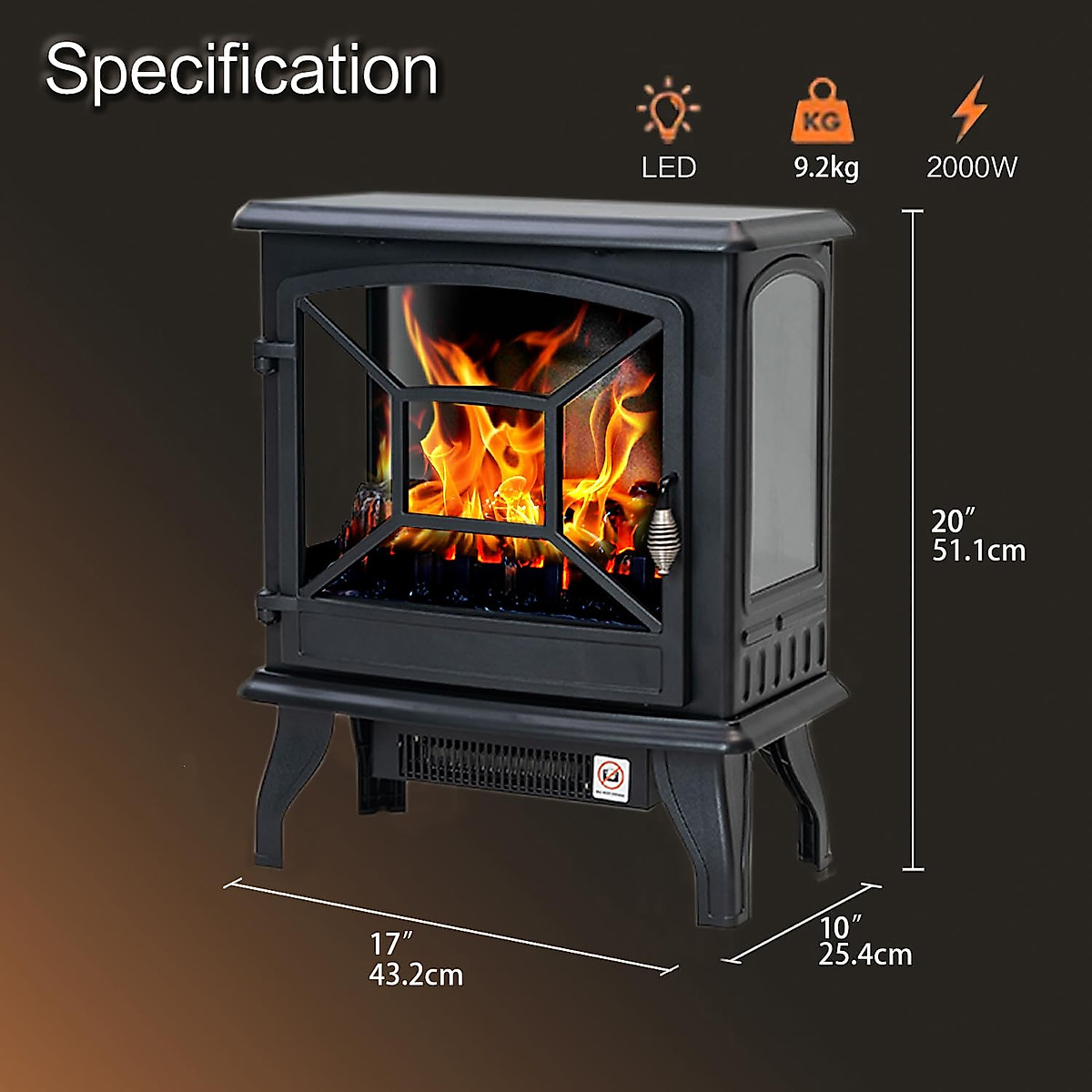 Panana Electric Fireplace Heater Portable Stove Heater Freestanding Fireplace, 5300 BTU, Realistic Flame Effect