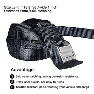 Premium Lashing Strap 1" x 13 ft,Tie Down Straps with Heavy Duty Cam Buckle with Sturdy Pad Secure Straps up to 1000 lbs Capacity for SUP, Kayak, Surboard, Cargo, Trailer, Luggage and More, 2 PCS/Set