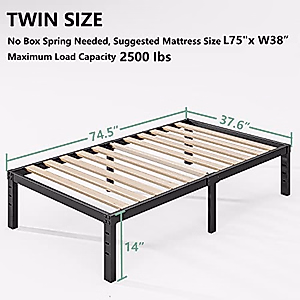 Breezehome Twin Size Bed Frame with Wide Wood Slats / 14 Inch High Heavy Duty Meta Mattress Foundation/Noise-Free Platform/No Box Spring Needed/Easy Assembly