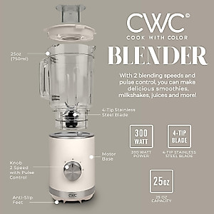 COOK WITH COLOR 300 Watt Blender: Powerful 2-Speed Control with Pulse, 4-Tip Stainless Steel Blades, 25oz (750ml) Jar, and Skid-Resistant Feet, Creme