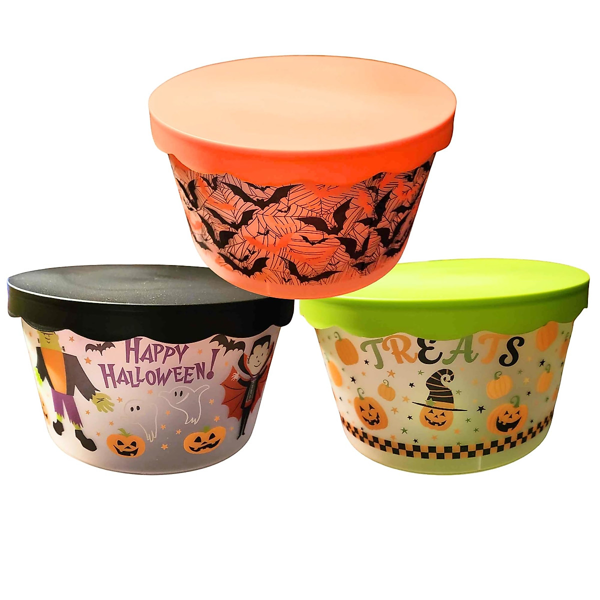 Halloween Plastic Containers with Lids, Food Storage Candy Box for Trick or Treating Cookies Jar Goodies Bucket Snack Party Favor Decor Pumpkin Bat & Ghost Themed, Pack of 3(Black Orange Green)