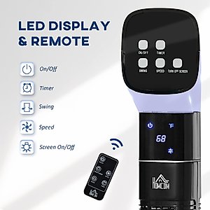 HOMCOM 47.25" Oscillating Tower Fan Cooling for Bedroom with 3 Speeds, Floor Fan with 12h Timer, LED Display, and Remote Control, Black
