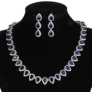 EleQueen Women's Silver-Tone Full Prong Cubic Zirconia Teardrop Bridal Necklace Earrings Set Sapphire Color