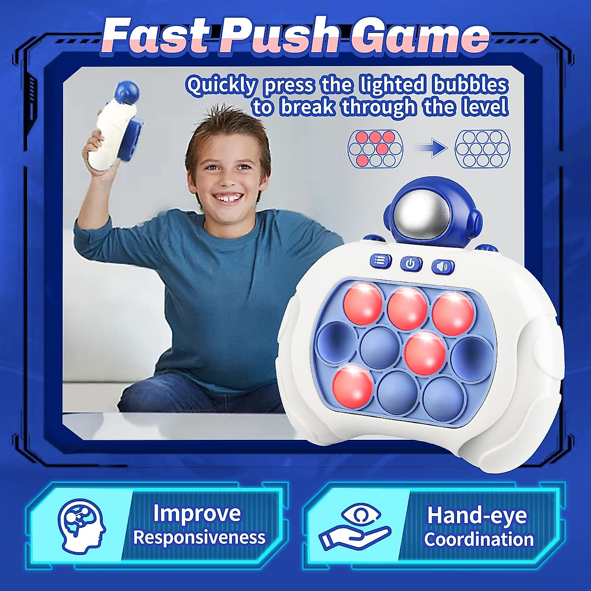 Quanquer Pop Toy Fast Push Game, Electronic Fidget Light Up Sensory Toys Travel Bubble Handheld Game Birthday Gifts for Age 5 6 7 8 9 10-12-18 Year Old Kids Adults Girl Boys, Astronaut, Blue & White