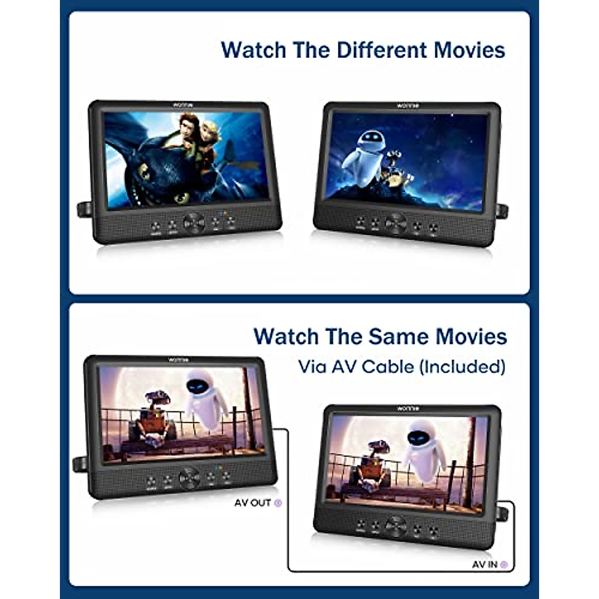 WONNIE 10.5" Two DVD Players Dual Screen for Car Portable CD Player Play a Same or Two Different Movies with Two Mounting Brackets, 5-Hour Rechargeable Battery, Support USB/SD Card Reader