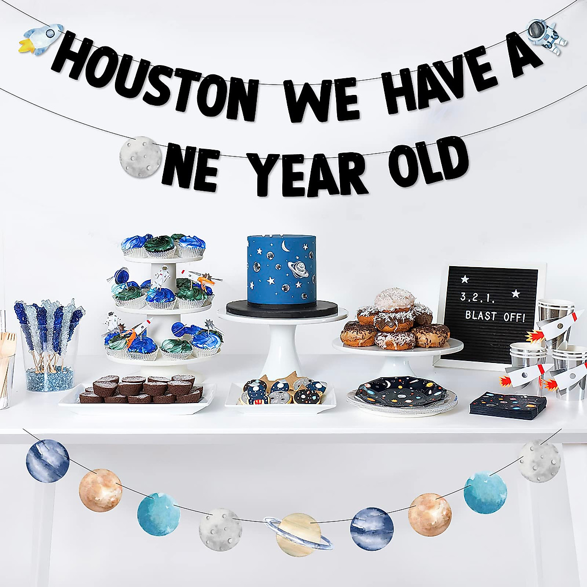 Bessmoso Outer Space First Birthday Banner Houston We Have a One Year Old Party Decorations Rocket Astronaut Solar System Planet 1st Celebration Party Hanging First Trip Around The Sun Supplies