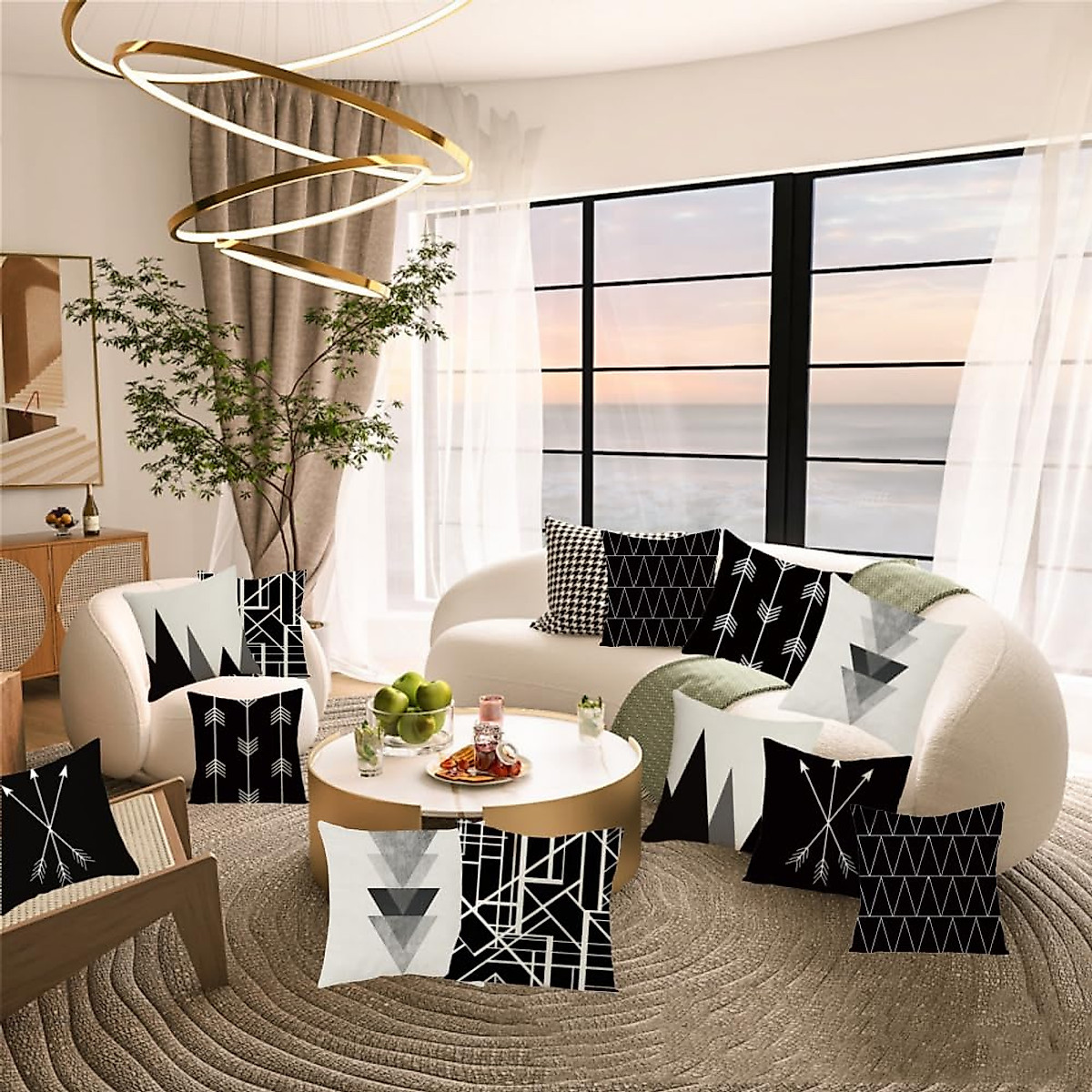 IcosaMro Throw Pillow Covers Black and White Pillow Cases Set of 4 Arrow Mountain 18x18 Decorative Square Zippered Cotton Linen Cushion Cover Room Sofa Decor