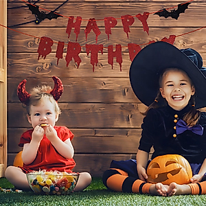 Red Glittery Happy Birthday Halloween Banner - Halloween Hanging Paper Garland Bunting Banner Bloody Bat Vampire Decorations, Photo Backdrop for Wall Home Mantle Office Wall Scary Party Supplies