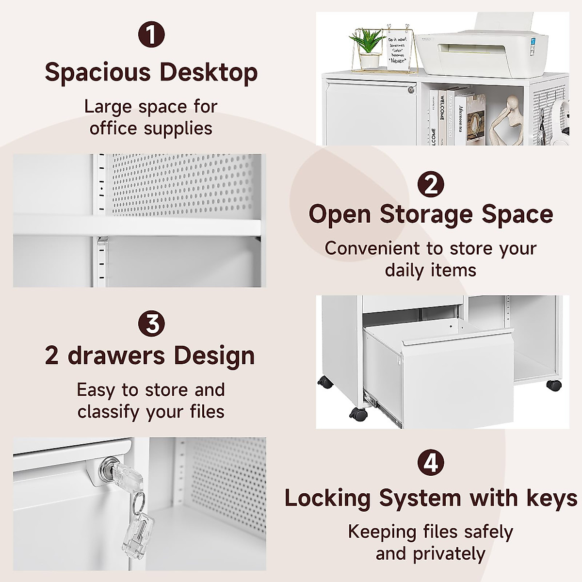 AFAIF Lateral File Cabinet, 2 Drawer File Cabinet with Lock, Printer Stand with Storage, Metal Mobile Filing Cabinet Home Office Organization Furniture for Letter/A4 Size Files