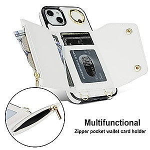 Lipvina for iPhone 13 Case Wallet with Strap for Women,Crossbody Lanyard and Wristlet Strap,Zipper Pocket,Credit Card Holder,Ring Stand,RFID Blocking Phone Wallet Cases(6.1 inch,White)