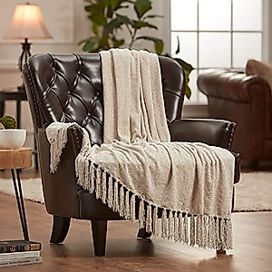 Chanasya Chenille Velvety Texture Decorative Throw Blanket with Tassels Super Soft Cozy Classy Elegant with Subtle Shimmer for Chair Couch Bed Living Bed Room Ivory Throw Blanket (50x65 Inches) Cream