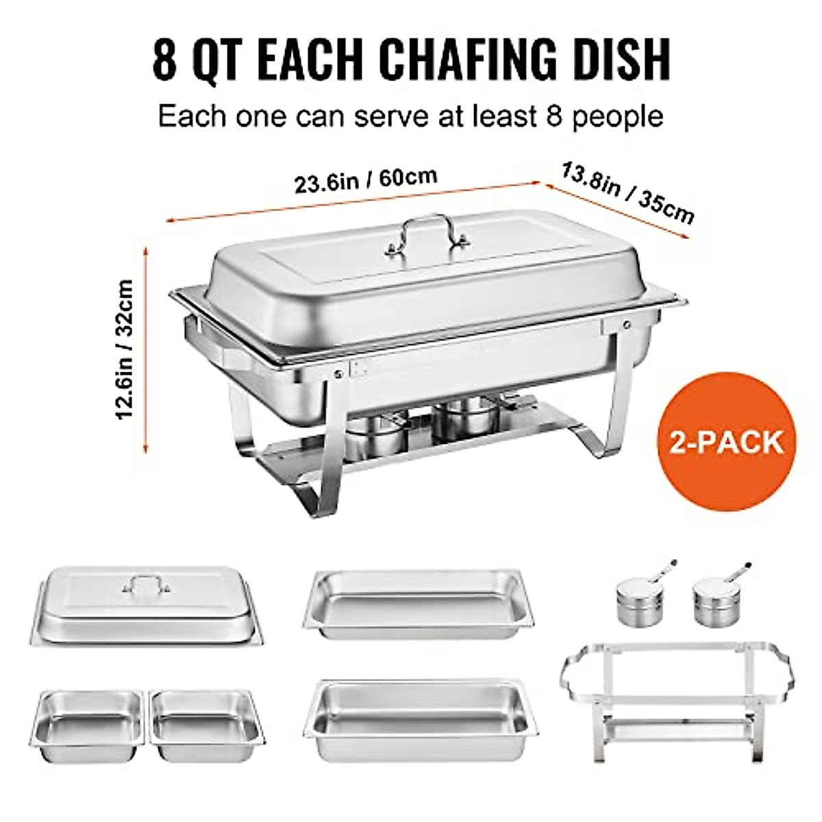 Mophorn Chafing Dish Buffet Set, 8 Qt 2 Pack, Stainless Chafer w/ 2 Full & 4 Half Size Pans, Rectangle Catering Warmer Server w/Lid Water Pan Folding Stand Fuel Tray Holder Clip
