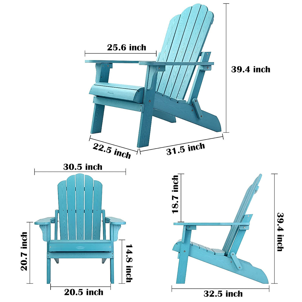 Folding Adirondack Chairs Set of 2, Outdoor Patio Weather Resistant Chair, Imitation Wood Stripes, Easy to Fold Move & Maintain, Plastic Chair for Backyard Deck, Garden & Lawn Porch - Lake Blue