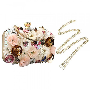 Sequins Floral Handbag Rose Nude Clutch Purses and Handbags for Women Wedding Prom Banquet Party 3D Sequins Evening Handbag (White-1)