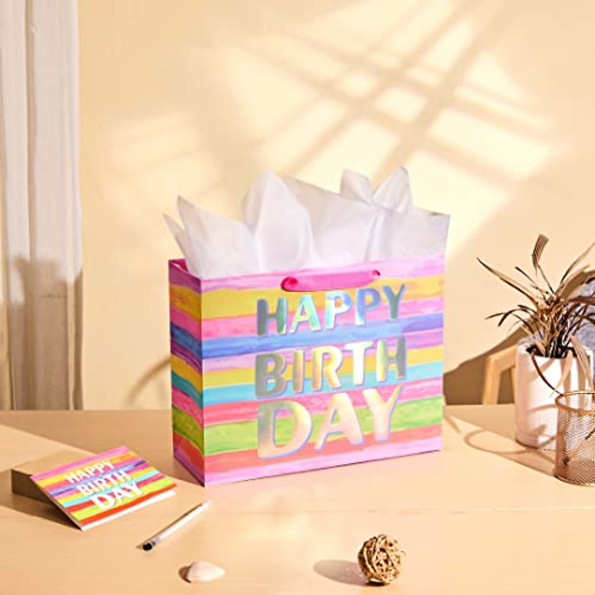 SUNCOLOR 13" Large Gift Bag with Card and Tissue Paper (Colorful Happy Birthday)