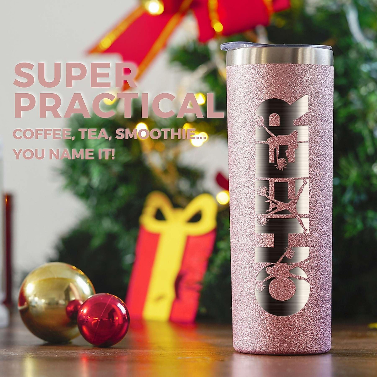 Onebttl Cheerleader Glitter Tumbler Gifts For Girls - Cheer - 20oz/590ml Stainless Steel Insulated Tumbler with Straw, Lid - Gift for Cheerleading, Coach or Cheer Squad - (Rose gold)