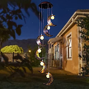 Tryme Solar Moon Wind Chimes Outdoor Solar Lights Windchimes Waterproof Hanging Decorations Gifts for Garden Patio Birthday Thanksgiving Home Party
