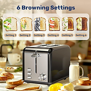 YSSOA 2-Slice Stainless Steel Toaster, 6 Browning Setting and 3 Function, Extra Wide Slot & Removable Crumb Tray, for Bread & Waffle, Black