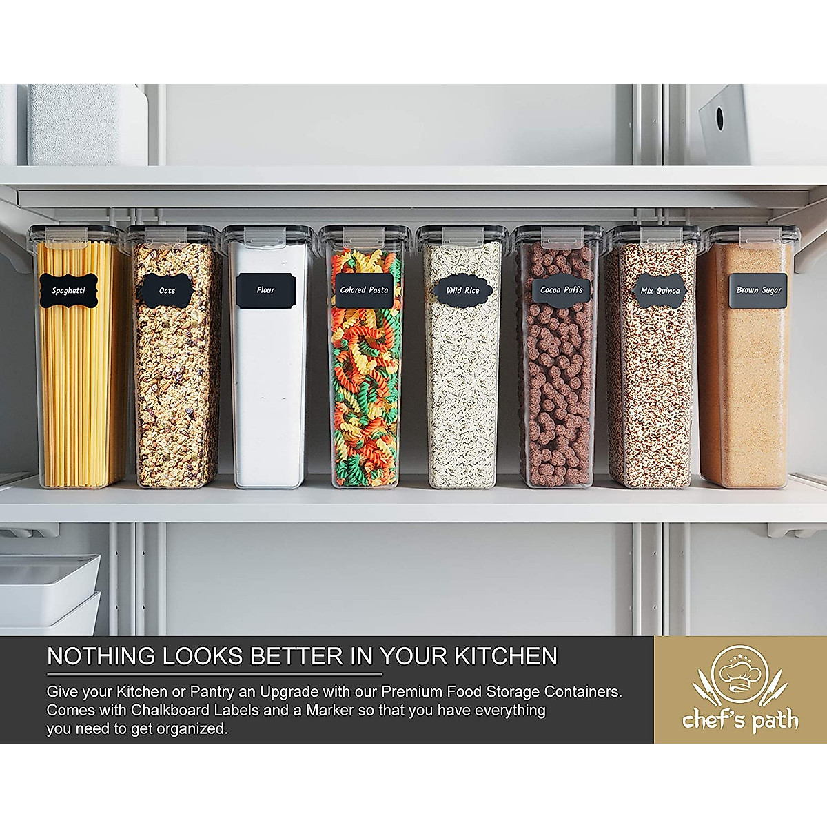 Chef's Path - Kitchen Storage Box Set - 8 Airtight Food Jars for Storing Spaghetti, Pasta, Flour, Cereals, Pet Food Preservation, BPA Free (3 quarts)