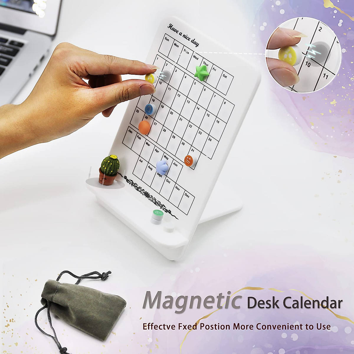Yuseful Acrylic Desk Calendar - Perpetual Calendar with DIY Planner Magnets - Unique Gifts for Women, Desk Decorations for Women Office, Desk Accessories Aesthetic, Cute Desk Decor(White)