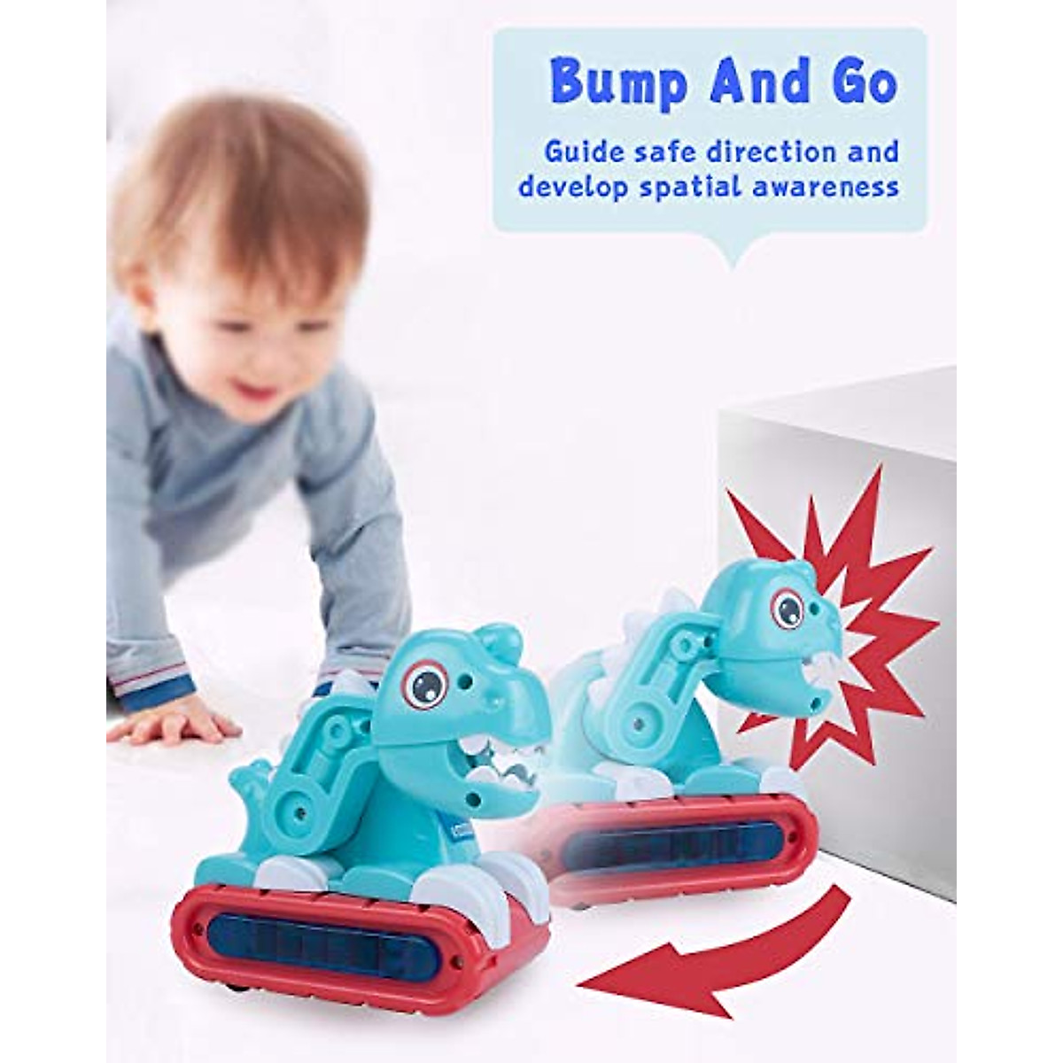 UNIH Musical Dinosaur Car Toy with Sounds and Lights for Baby 6 to 12-18 Months Infant Early Crawling Developmental Toys for Boys Girls 1 2 3 Years Old