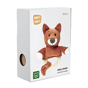 Donty-Tonty Premium Wood Baby Teether Rattle Toy Easter Baby Gift - Animals Soft Plush Shaker Toy with Natural Wooden Teething Ring Toddler, Newborn Boy, Girl, Gifts for 0 3 6 9 12 Months - Red Fox