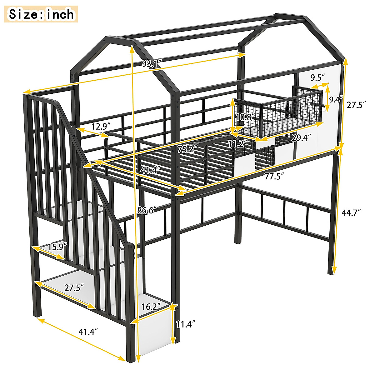 Kids Twin Low Loft Bed with Stairs, Metal Twin House Loft Bed with Storage Shelves, Roof & Safety Guardrail, Twin Low Loft Bed Frame for Kids, Teens, Girls & Boys (Black)