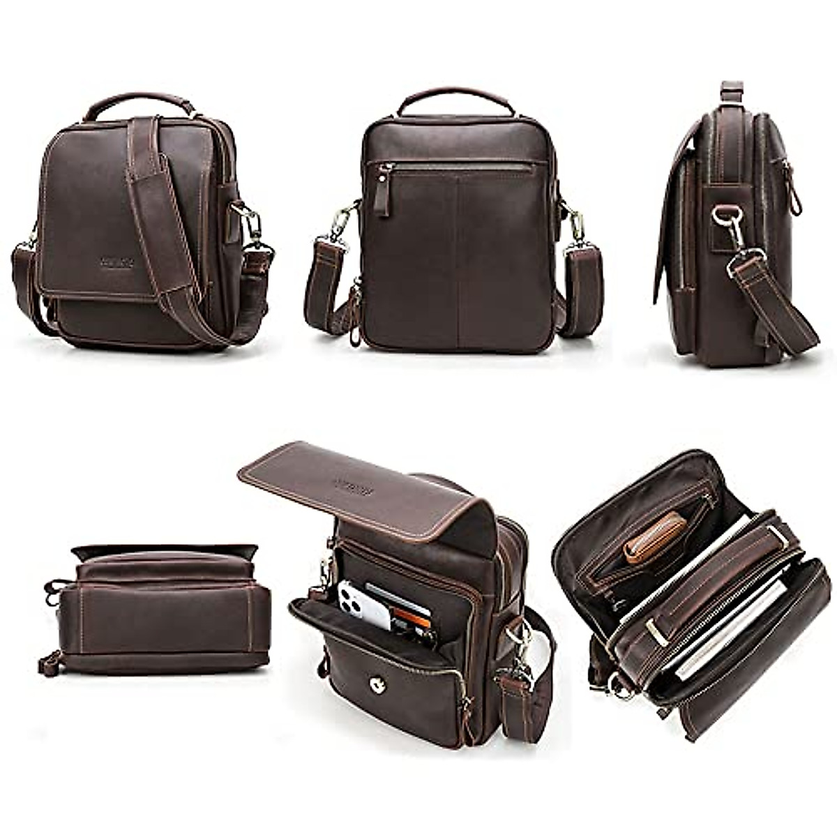 Contacts Messenger Bag for Men, Genuine Leather Crossbody Shoulder Sling Bag Mens 10.5" iPad Bag College School Travel Handbag(Coffee)