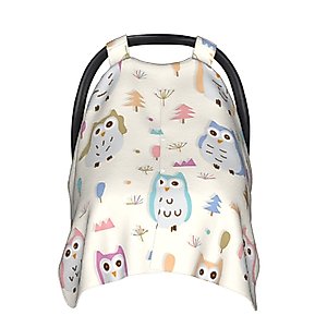 Rutiea Colorful Owl Pastel Pattern Car Seat Cover for Babies, Peekaboo Opening Minky Carseat Canopy Stroller Cover for Newborn, Mom Nursing Breastfeeding Covers, Blanket for Infant Toddler