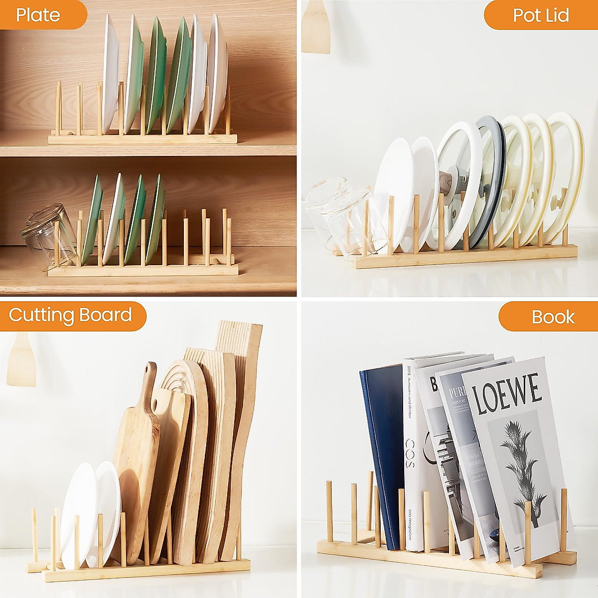 Worthyeah Bamboo Dish Dying Rack - Pot Lid Plate Organizer Holder for Cabinet - Cutting Board Organizer-Plate Rack for Dish, Pot Lid, Bowl, Cup, Cutting Board