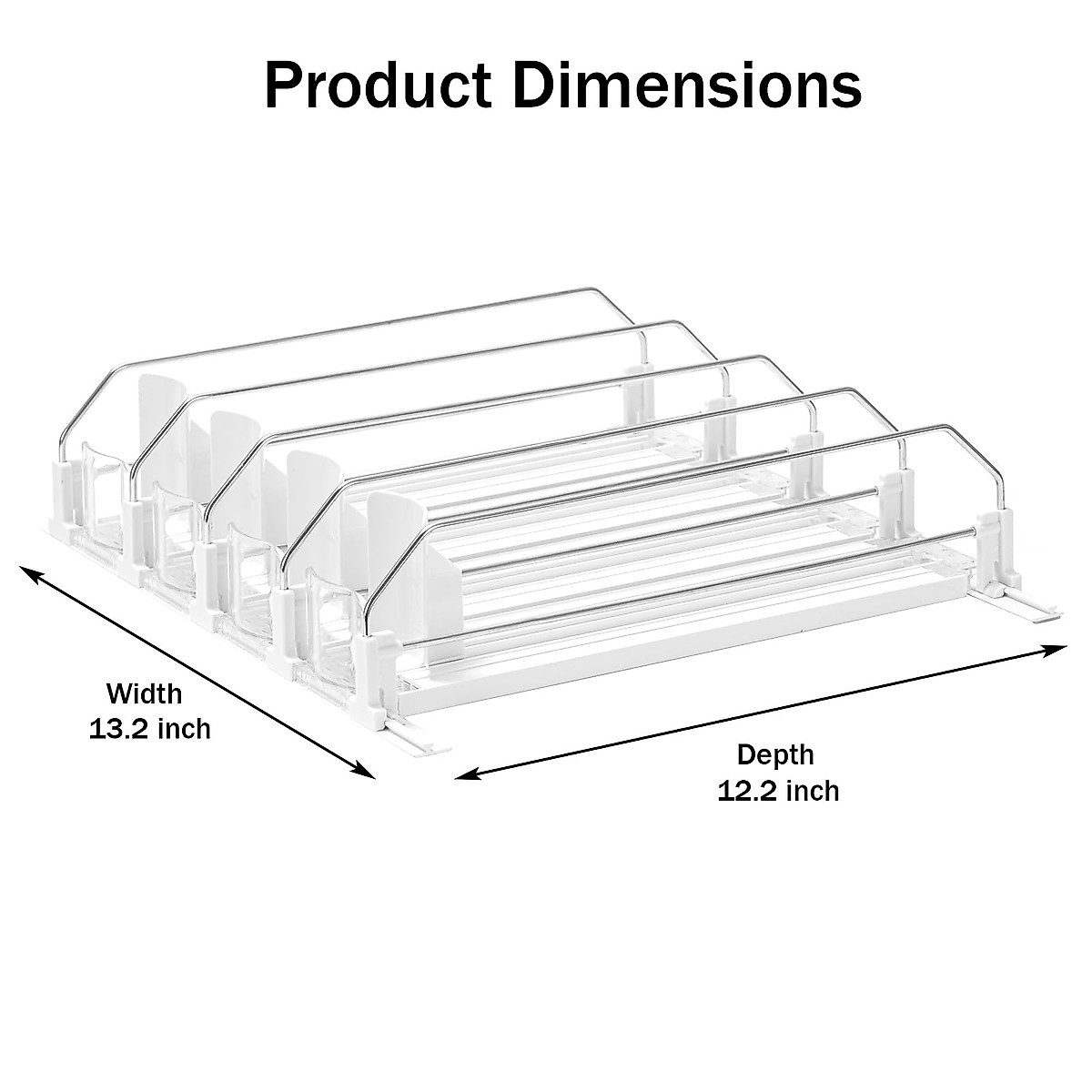 JILLMO Drink Organizer for Fridge, Self-Pushing Soda Can Organizer for Counter Refrigerator, Width Adjustable Pusher Glide, White, 12”depth-4rows