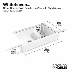 KOHLER K-6426-0 Whitehaven Farmhouse Smart Divide Self-Trimming Undermount Apron Front Double-Bowl Kitchen Sink with Short Apron, 35-1/2-Inch X 21-9/16-Inch X 9-5/8-Inch, White