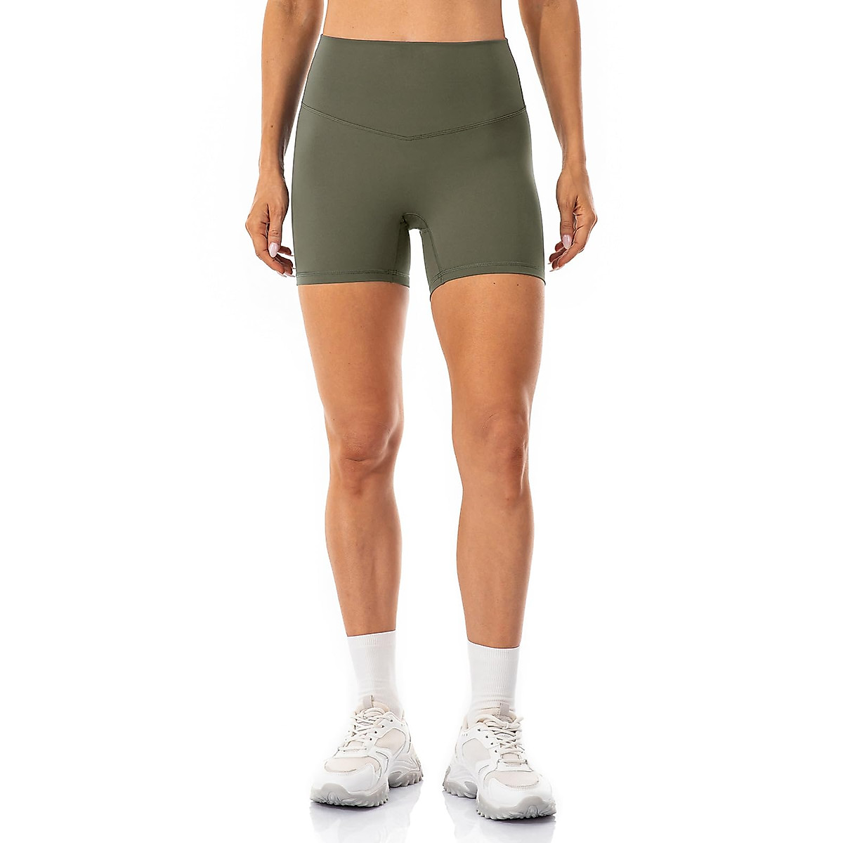 Lavento Women's All Day Soft Biker Shorts 5 Inch - High Waisted Workout Gym Running Yoga Short (Olive Green, 6)