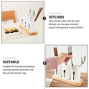 ROWOZOUY Kitchen Utensil Holder Drain Tableware Utensil Caddy Flatware Organizer with Wood Base