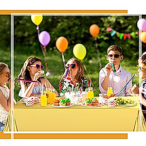 Gold Tablecloth 54 x 108 Inch Plastic Tablecloth with 7 Pieces Gold Cake Stand Set, 3 Tier Cardboard Cupcake Stand 1 Tier Round Dessert Stand Rectangle Serving Tray for Desserts Birthday Party