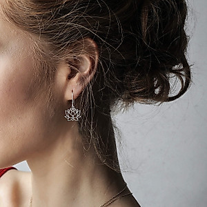 Charm Earrings Hoop set in 925 Sterling Silver for women Open Lotus Flower | Blue Synthetic Sapphire | Tiny Lotus | Circle | Climber Crawler (Open Lotus)