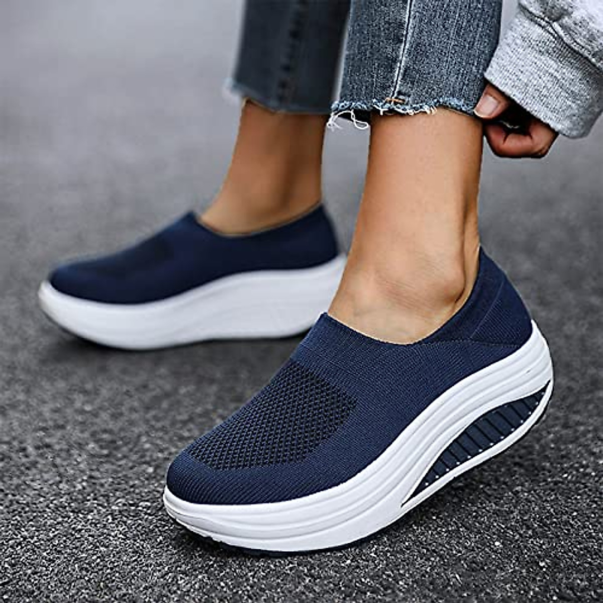Sneakers for Women Womens Shoes Dressy Casual Wedge Orthopedic Mesh Air Chunky Sole Hidden High Heels with Arch Support Dark Blue