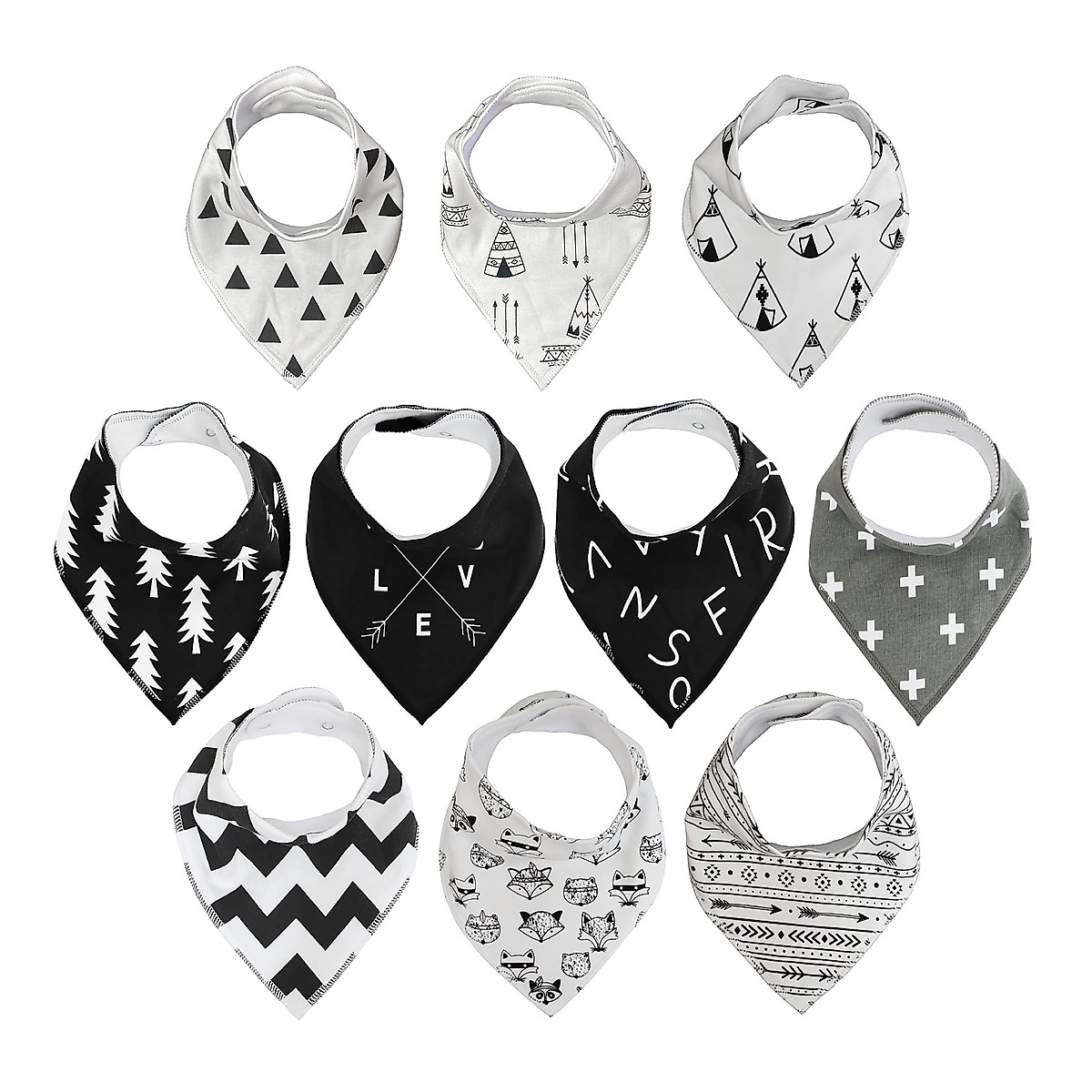 TOONTINY Baby Bandana Bibs Boy & Girl - Pack of 10 Baby Bibs 100% Organic, Super Absorbent Unisex Adjustable Bandanna Drool Bibs - Toddler Teething Bibs for Newborn & Infant Babies