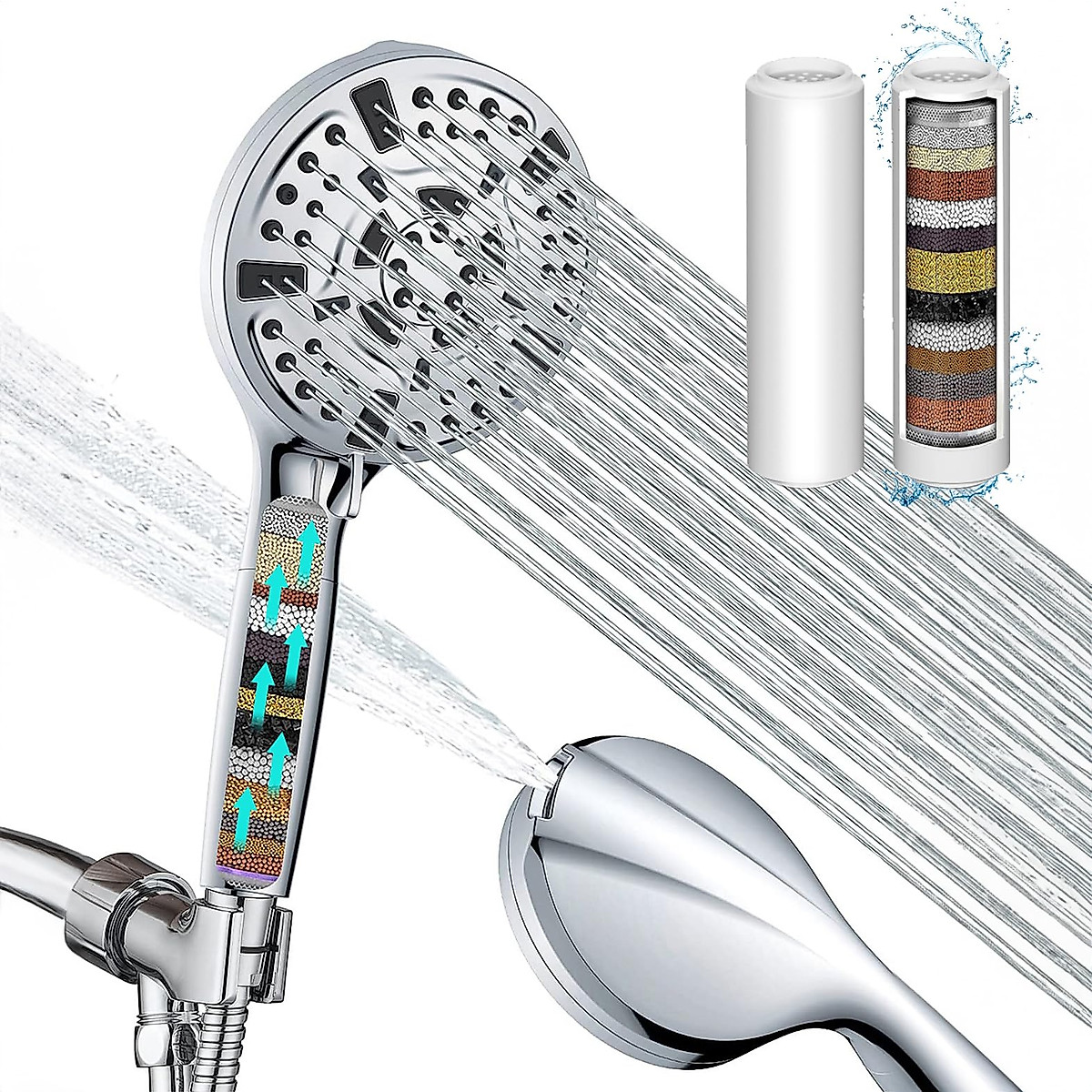 Acbaeta Modern 9-Setting Stainless Steel Shower Head with Handheld, 5-Inch Large Shower Head and 60-Inch Hose, 8 Spray and 2 Jet Modes, Powerful Filters and Water Saver Included