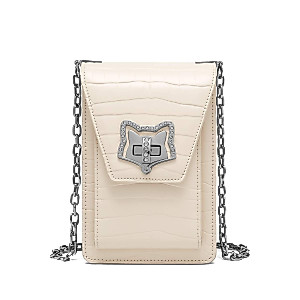 FOXLOVER Crossbody Cell Phone Purses for Women, Cow Leather Crocodile Pattern Ladies Small Shoulder Bags with Metal Chain Strap Womens Mini Wallet Purses Women's Shoulder Sling Bags (White)